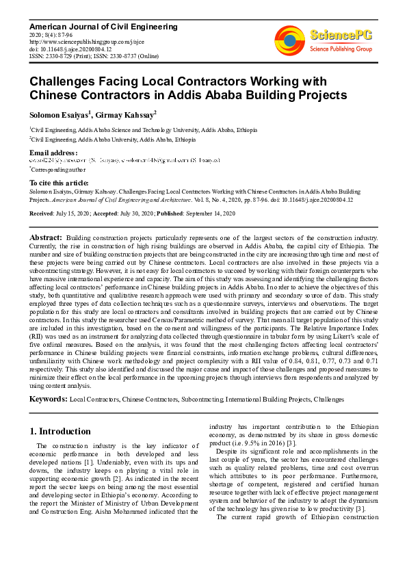 (PDF) Challenges Facing Local Contractors Working with Chinese ...