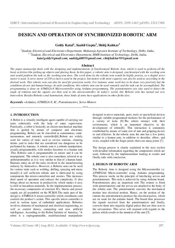 (PDF) Design and Operation of Synchronized Robotic Arm