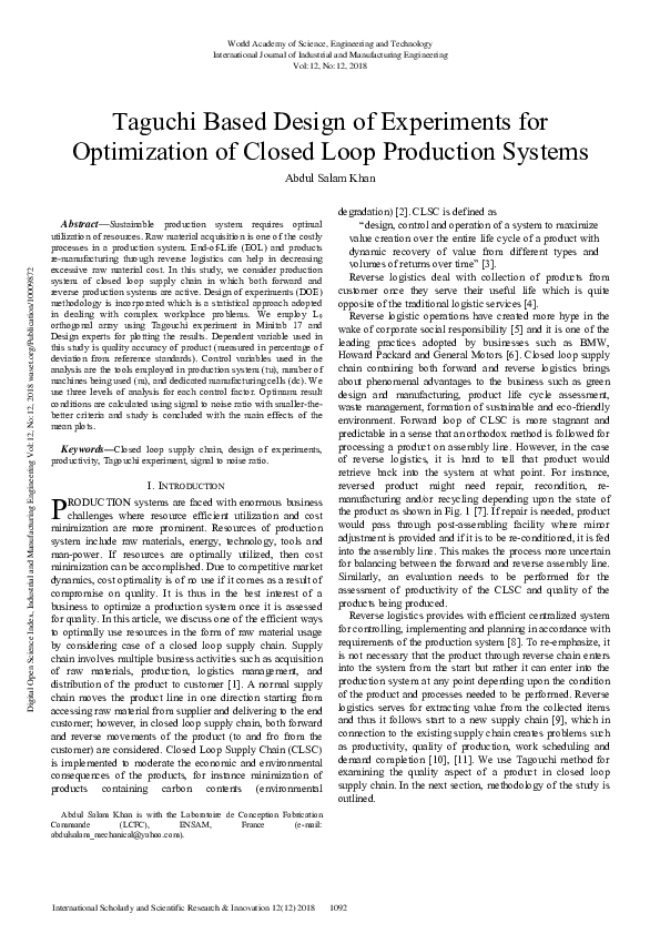 (PDF) Taguchi Based Design of Experiments for Optimization of Closed Loop Production Systems