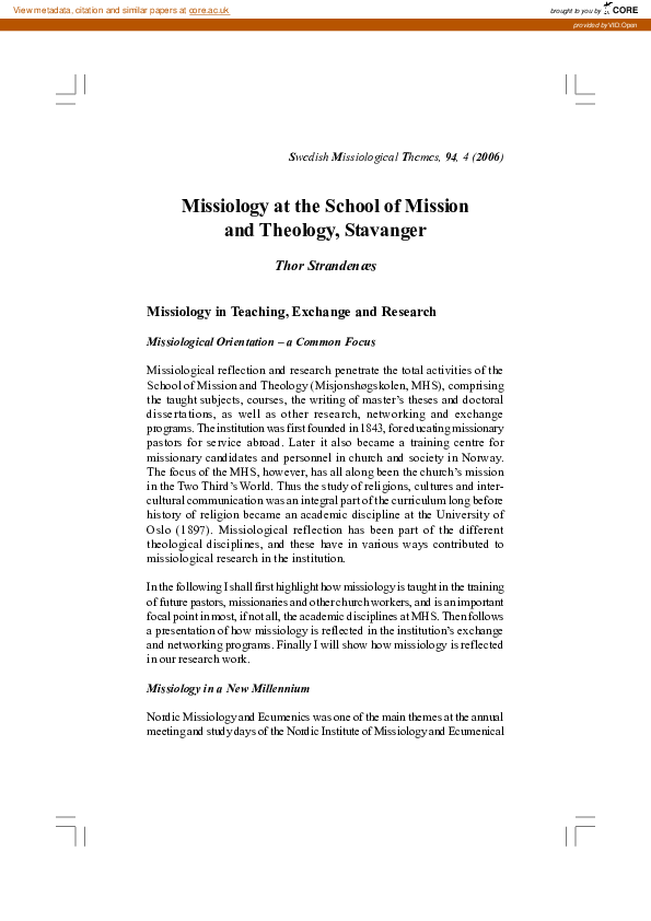 (PDF) Missiology at the School of Mission and Theology, Stavanger