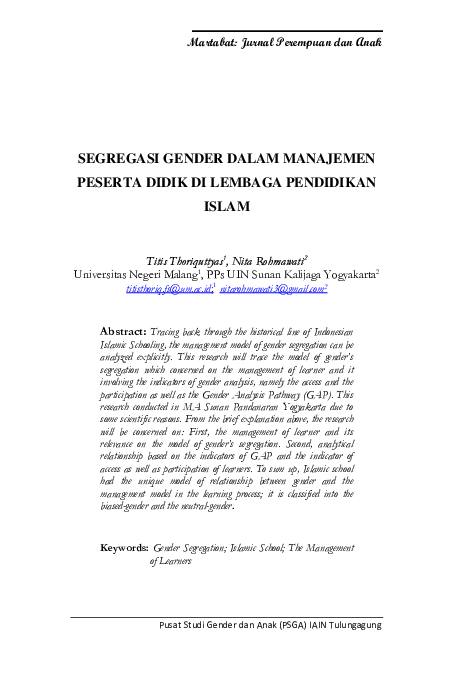 (PDF) Segregasi Gender Dalam Manajemen Peserta Didik DI Lembaga Pendidikan Islam