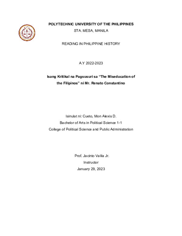 (DOC) Isang Kritikal na Pagsusuri sa “The Miseducation of the Filipinos ...