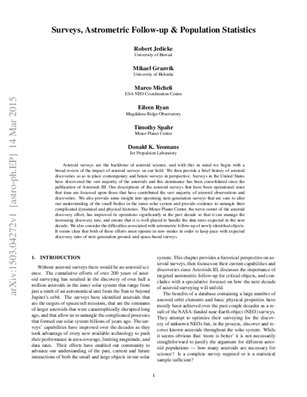 (PDF) Surveys, Astrometric Follow-Up, and Population Statistics