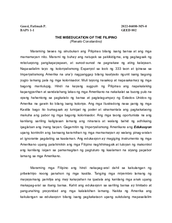 (PDF) A Critical Essay on The Miseducation of the Filipino (Renato Constantino) by Gonsi, Fatimah P.