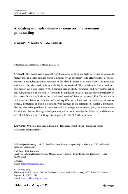 (PDF) Allocating multiple defensive resources in a zero-sum game setting