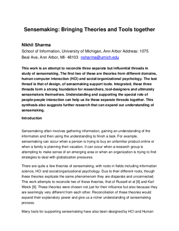 (PDF) Sensemaking: Bringing theories and tools together