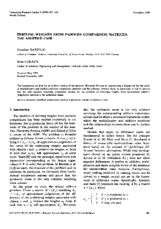 Pdf Deriving Weights From Pairwise Comparison Matrices Boaz Golany 