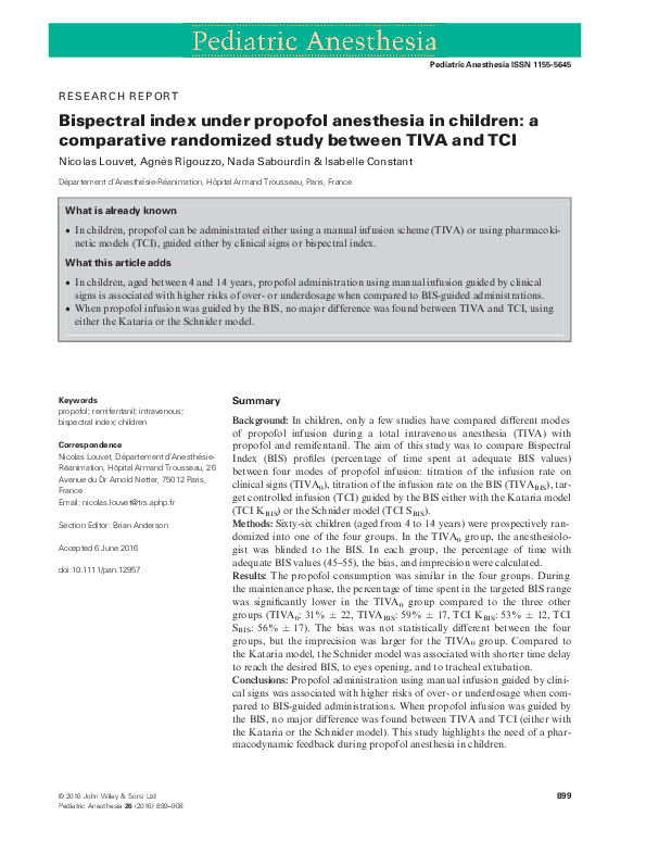 (PDF) Bispectral index under propofol anesthesia in children: a ...