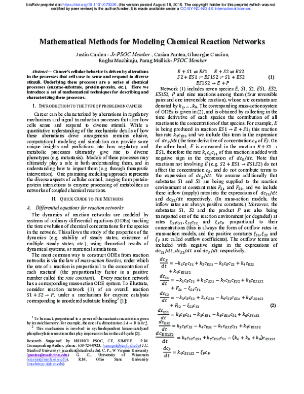 (PDF) Mathematical Methods for Modeling Chemical Reaction Networks