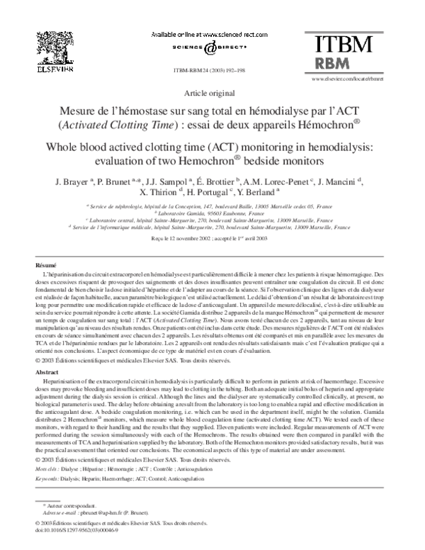 (PDF) Whole blood actived clotting time (ACT) monitoring in ...