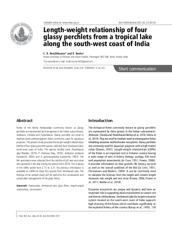 (PDF) Length-weight relationship of four glassy perchlets from a tropical lake along the south ...