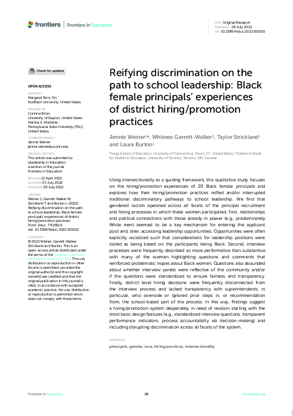 (PDF) Reifying discrimination on the path to school leadership: Black ...