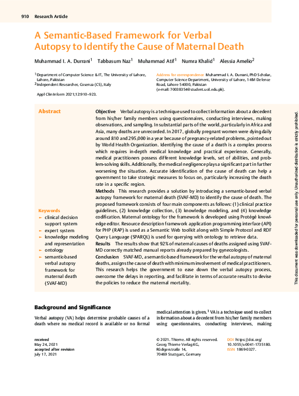 (PDF) A Semantic-Based Framework for Verbal Autopsy to Identify the Cause of Maternal Death