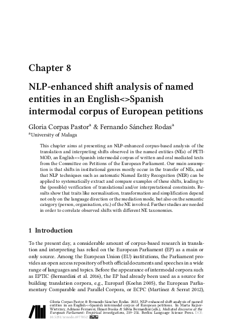 (PDF) Chapter 8 NLP-enhanced shift analysis of named entities in an English Spanish intermodal ...