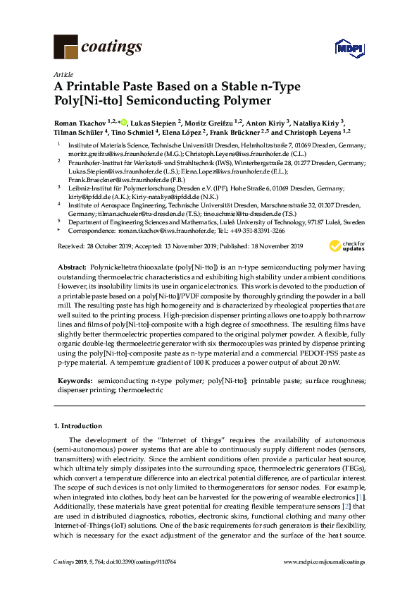 (PDF) A Printable Paste Based on a Stable n-Type Poly[Ni-tto] Semiconducting Polymer