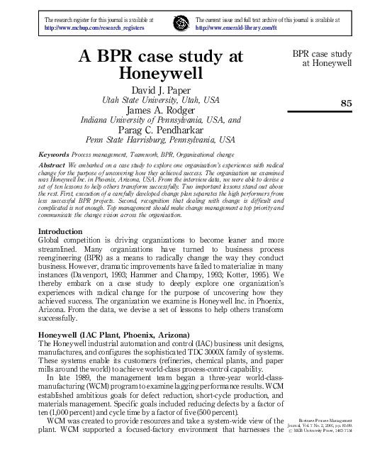 (PDF) A BPR case study at Honeywell