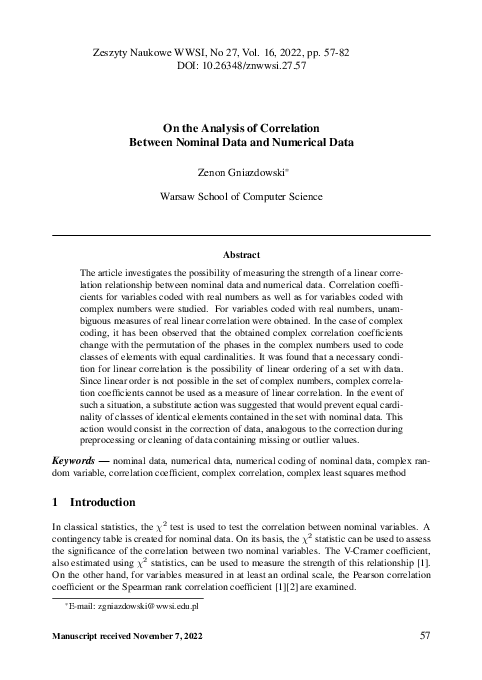 Pdf On The Analysis Of Correlation Between Nominal Data And Numerical