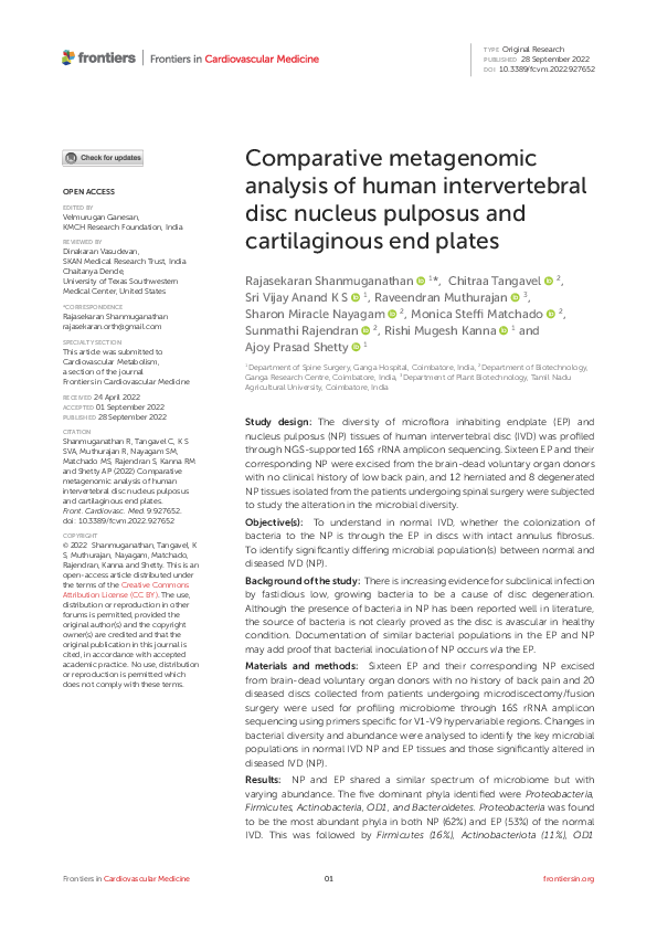 (PDF) Comparative metagenomic analysis of human intervertebral disc nucleus pulposus and ...