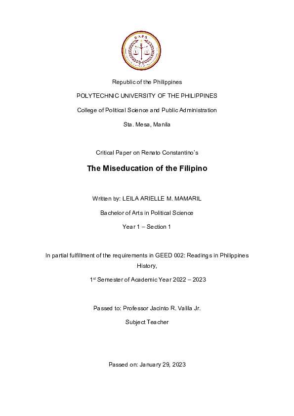 (DOC) A Critical Paper on Renato Constantino's The Miseducation of the Filipino