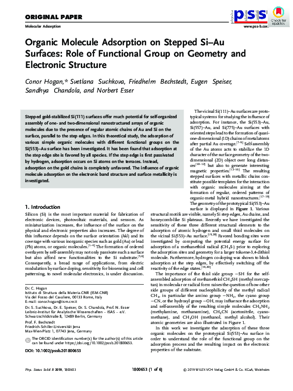 (PDF) Organic Molecule Adsorption on Stepped Si–Au Surfaces: Role of ...