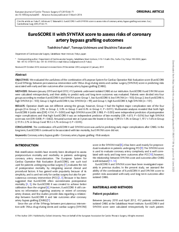 (PDF) EuroSCORE II with SYNTAX score to assess risks of coronary artery ...