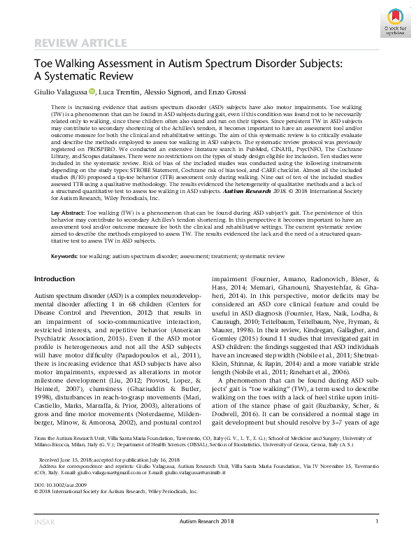 (PDF) Toe Walking Assessment in Autism Spectrum Disorder Subjects: A ...