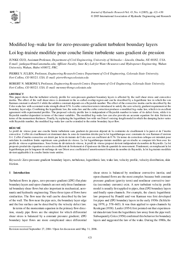 (PDF) Modified log-wake law for zero-pressure-gradient turbulent boundary layers