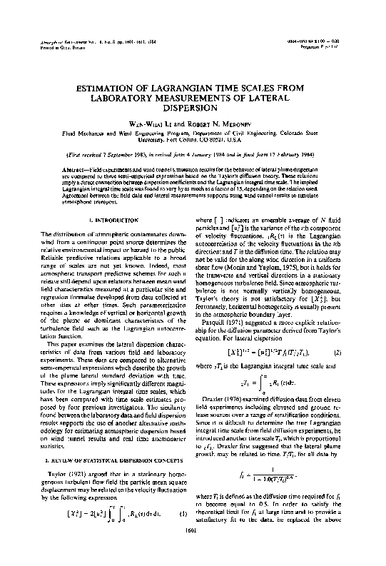 (PDF) Estimation of lagrangian time scales from laboratory measurements of lateral dispersion