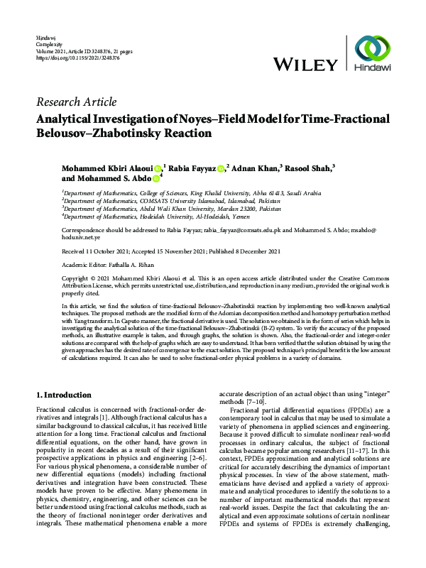 (PDF) Analytical Investigation of Noyes–Field Model for Time-Fractional ...