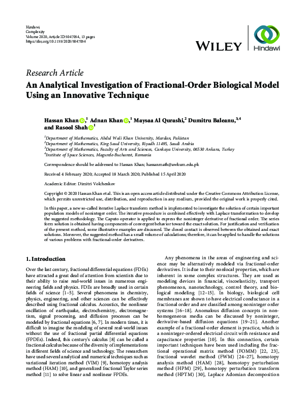 Pdf An Analytical Investigation Of Fractional Order Biological Model Using An Innovative Technique