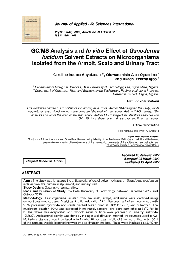 (PDF) GC/MS Analysis and In vitro Effect of Ganoderma lucidum Solvent ...