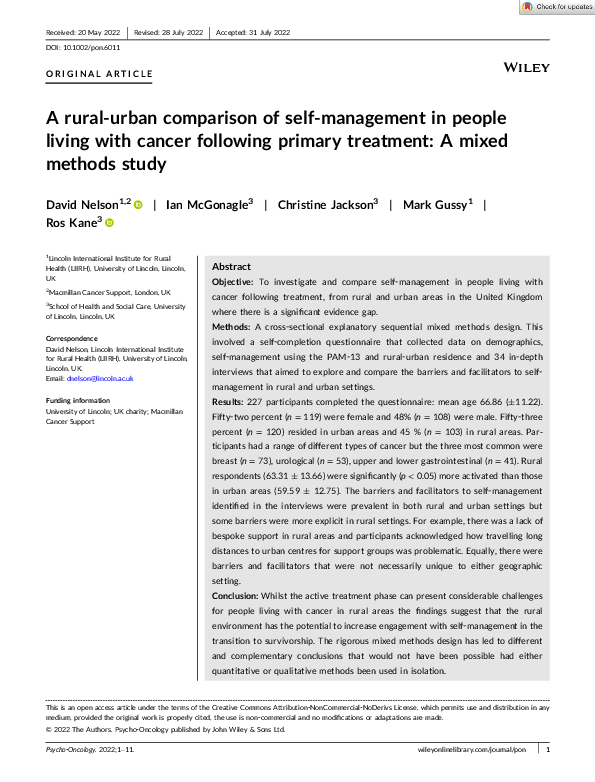 (PDF) A rural‐urban comparison of self‐management in people living with cancer following primary ...