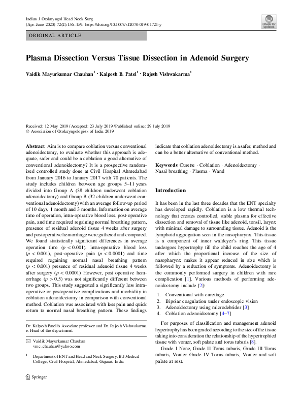 (PDF) Plasma Dissection Versus Tissue Dissection in Adenoid Surgery