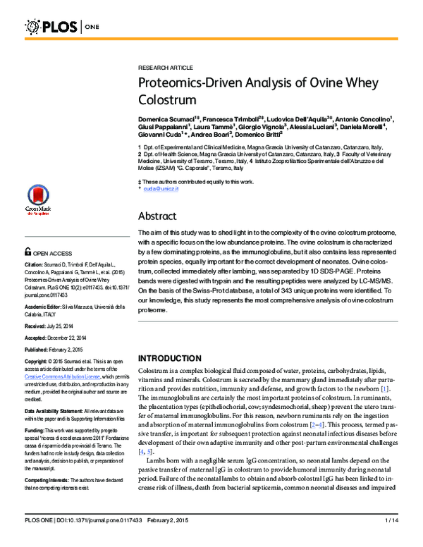 (PDF) RESEARCH ARTICLE Proteomics-Driven Analysis of Ovine Whey (PDF) RESEARCH ARTICLE Proteomics-Driven Analysis of Ovine Whey
