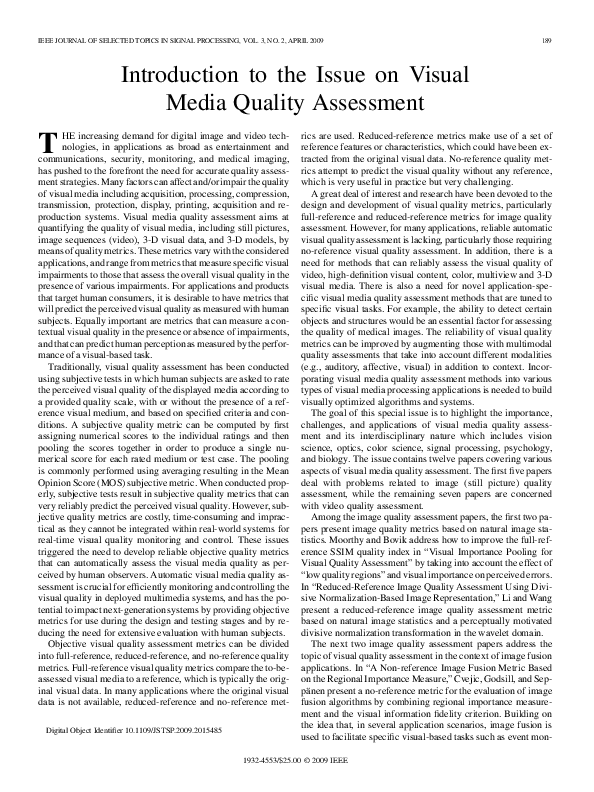 (PDF) Introduction to the Issue on Visual Media Quality Assessment ...
