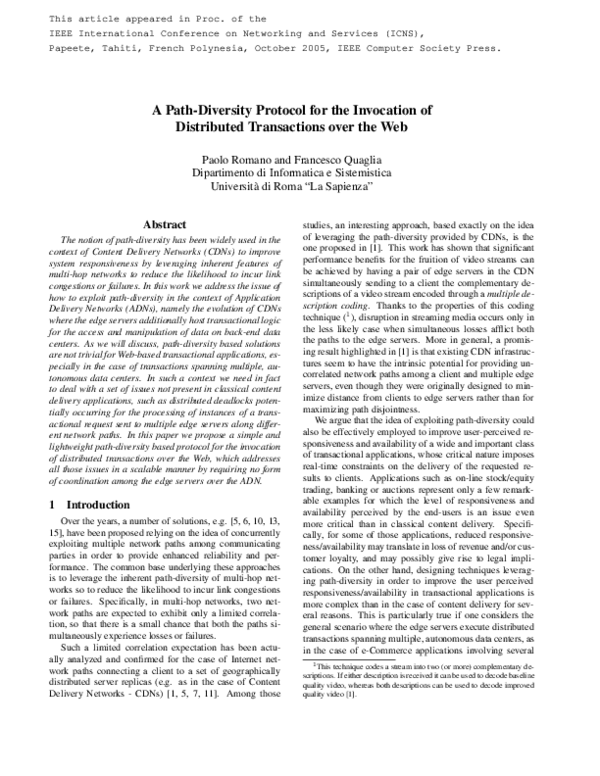 (PDF) A path-diversity protocol for the invocation of distributed transactions over the web
