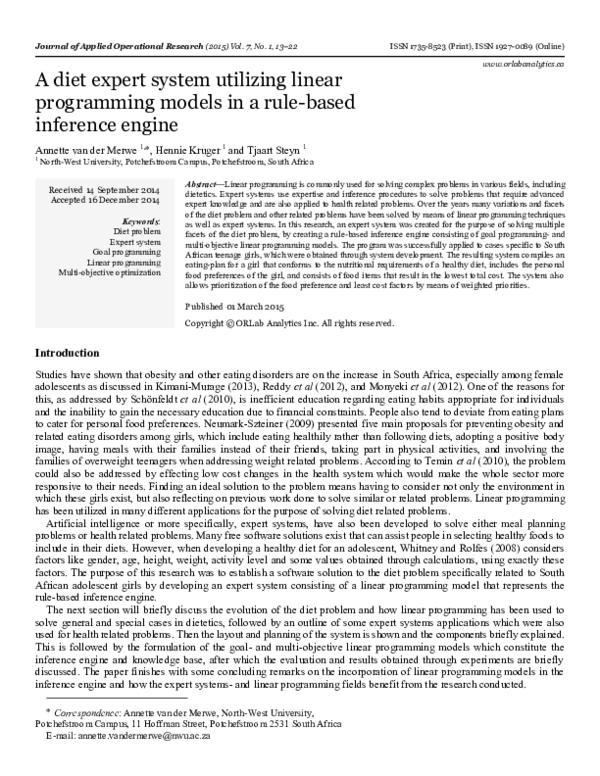 (PDF) A diet expert system utilizing linear programming models in a rule-based inference engine