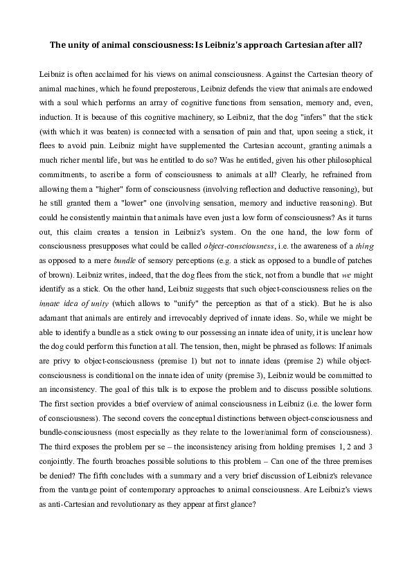 (PDF) The unity of animal consciousness: Is Leibniz's approach ...