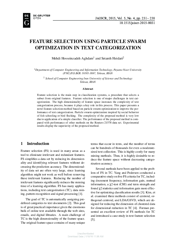 (PDF) Feature Selection using Particle Swarm Optimization for Thermal Face Recognition