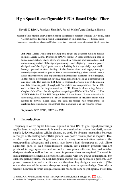 High Speed Reconfigurable FPGA Based Digital Filter High Speed Reconfigurable FPGA Based Digital Filter