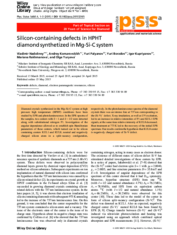 (PDF) Silicon-containing defects in HPHT diamond synthetized in Mg-Si-C ...