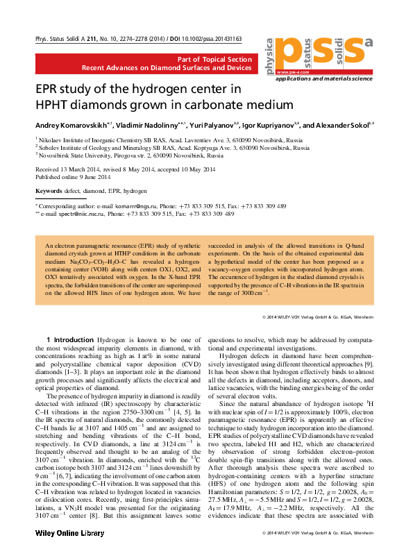 (PDF) EPR study of the hydrogen center in HPHT diamonds grown in ...