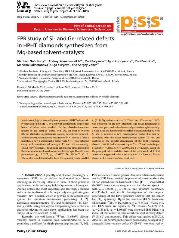 (PDF) EPR study of Si- and Ge-related defects in HPHT diamonds ...