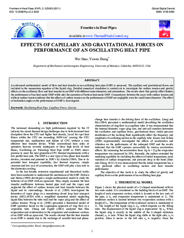 (PDF) Effects of Capillary and Gravitational Forces on Performance of an Oscillating Heat Pipe