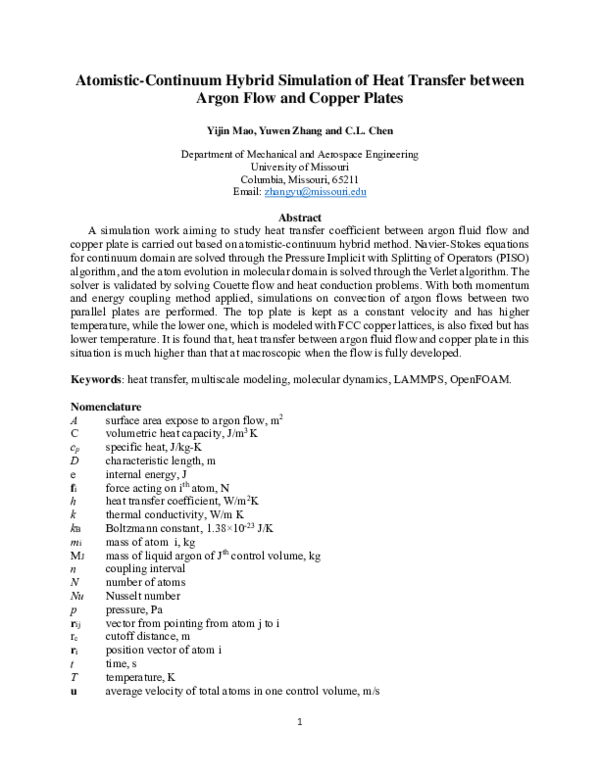 Pdf Atomistic Continuum Hybrid Simulation Of Heat Transfer Between