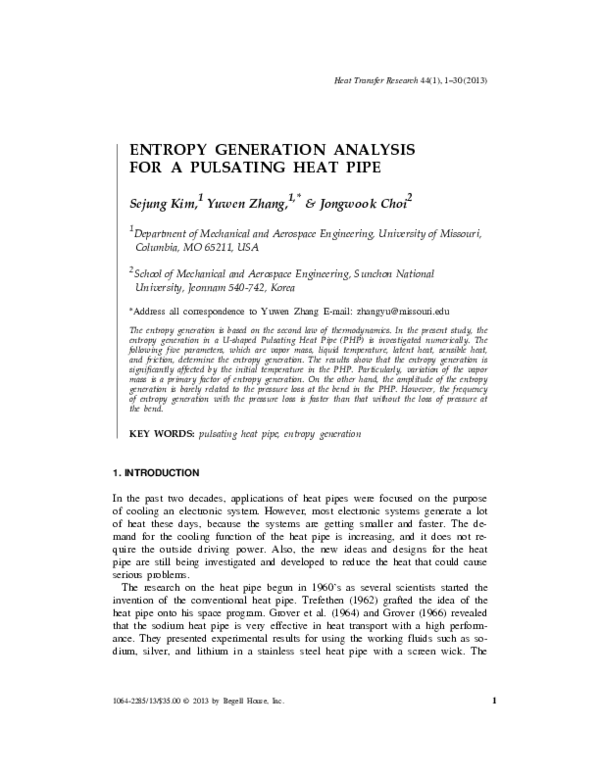 (PDF) Entropy Generation Analysis for a Pulsating Heat Pipe