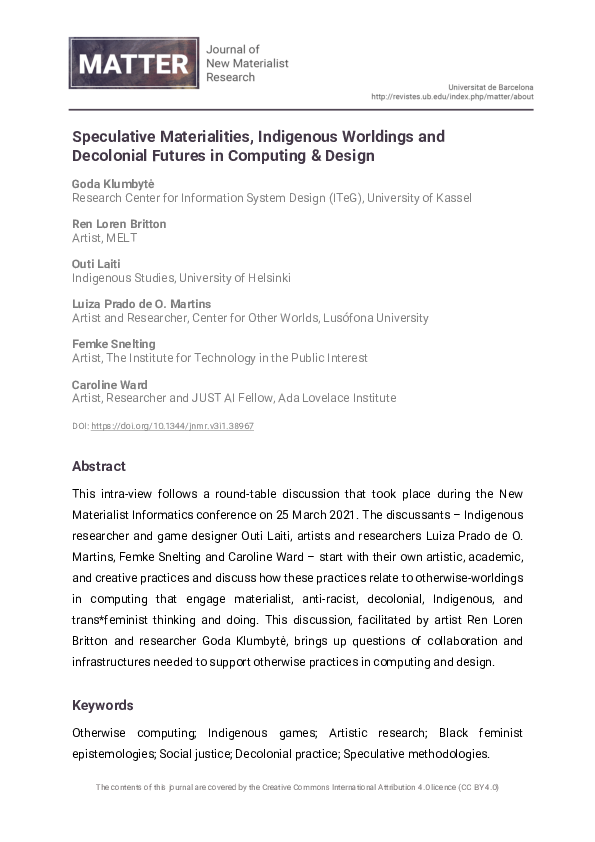 (PDF) Speculative Materialities, Indigenous Worldings and Decolonial ...