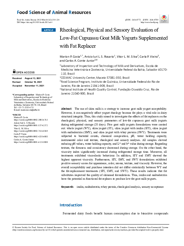 (PDF) Rheological, Physical and Sensory Evaluation of Low-Fat Cupuassu Goat Milk Yogurts ...
