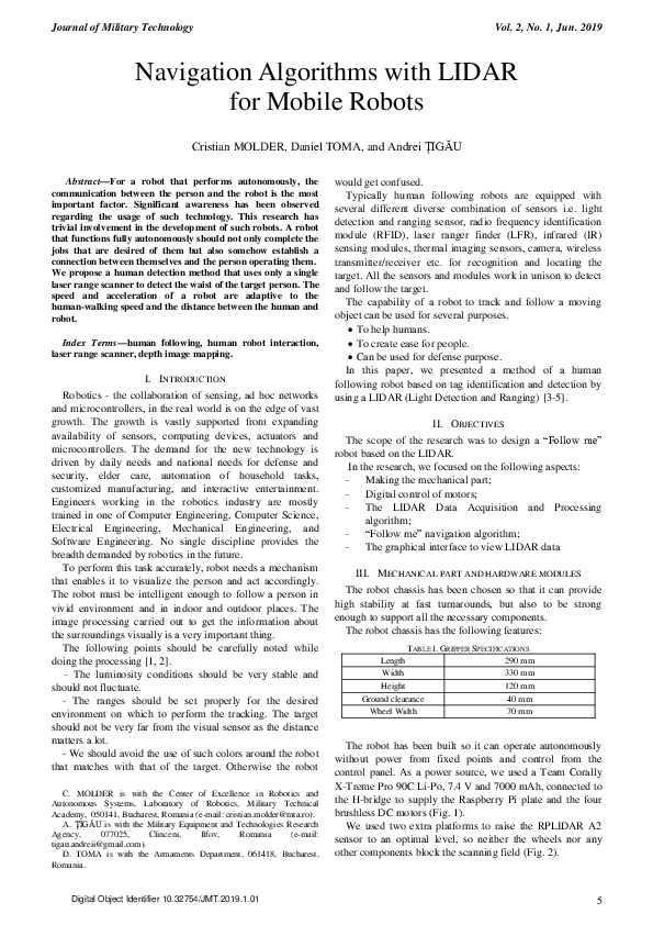 Pdf Navigation Algorithms With Lidar For Mobile Robots