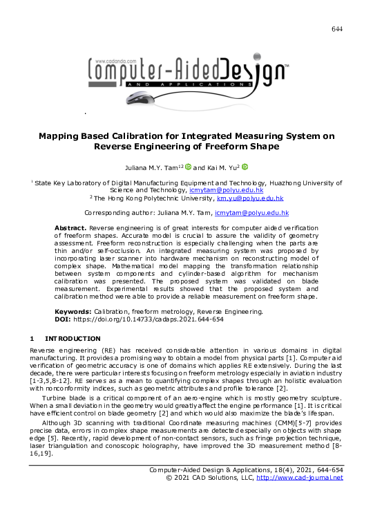 Pdf Mapping Based Calibration For Integrated Measuring System On Reverse Engineering Of